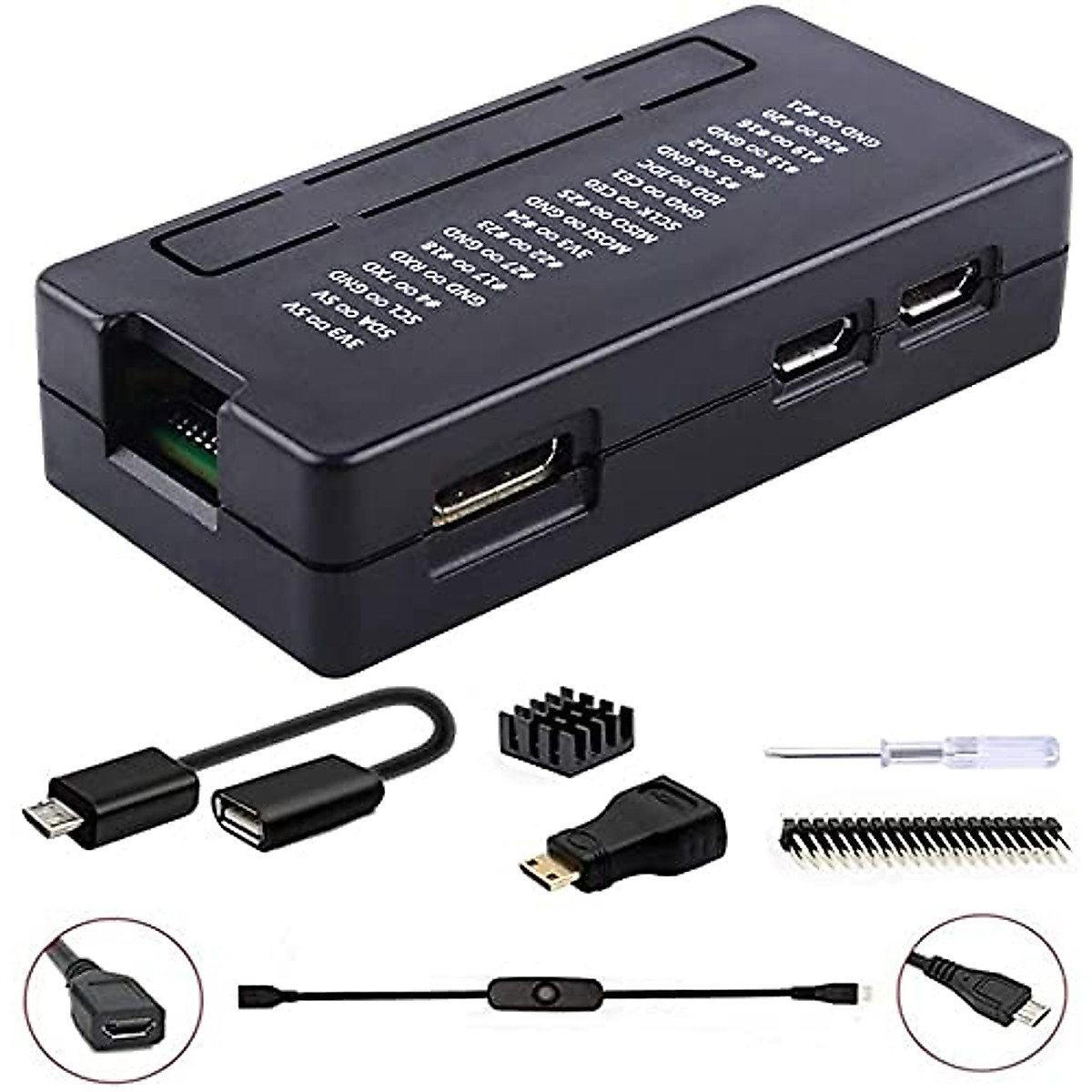 GeeekPi Pi Zero 2 W Case Kit with Pi Zero 2 W Case, Power Supply, Heatsink, 20Pin GPIO Header, 4 Port USB Hub, ON/OFF Switch Cable for Pi Zero 2 W/Pi Zero W/Pi Zero