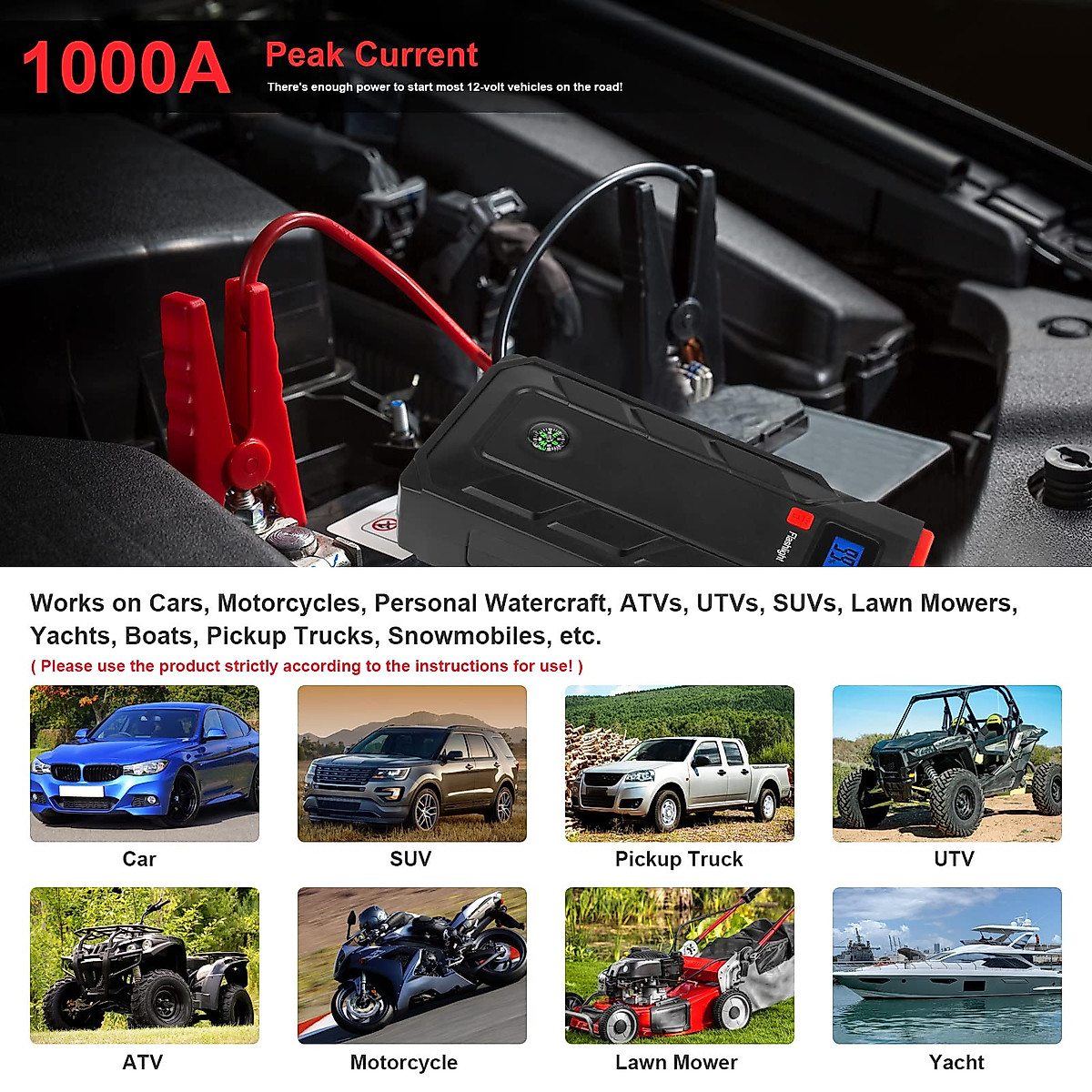 Car Jump Starter, Portable Car Battery Charger Jump Starter, 1000A 27000mAh for up to 6-Liter Gasoline and 3-Liter Diesel Engines with Smart Charging Port, Compass and LED Light