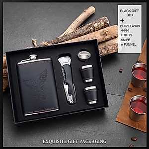 RNUIE Hip Flasks for Liquor Sets for Men,9 Oz Personalized Whiskey Stainless Steel Flagon,2 Cups+1Corkscrew+1 Mini Funnel for Husband Christmas Birthday Ornaments(eagle)