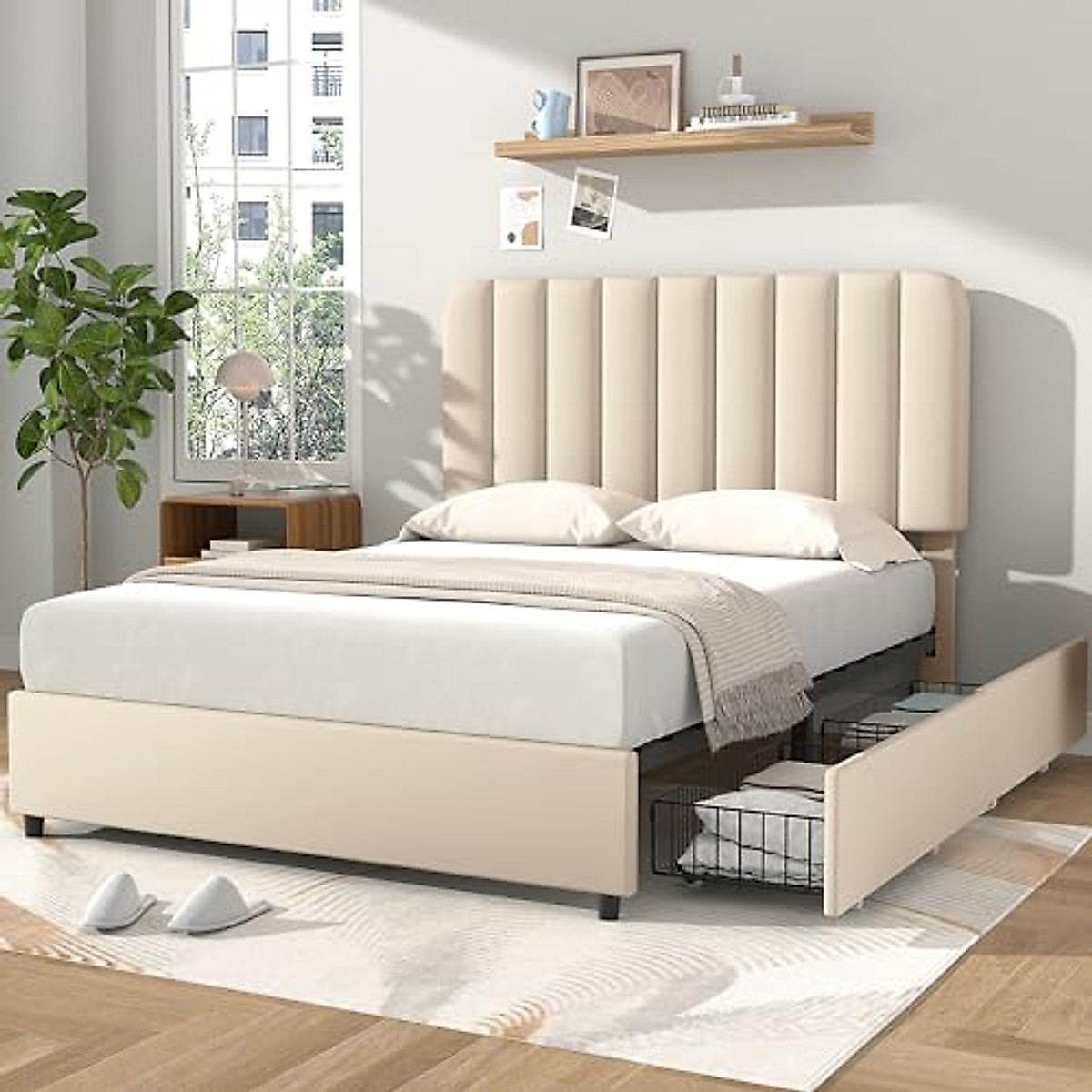 VECELO Queen Size Bed Frame with Ajustable Headboard and 4 Storage Drawers, Velvet Heavy Duty Platform Beds with Strong Wood Slats Support, No Box Spring Needed, Beige