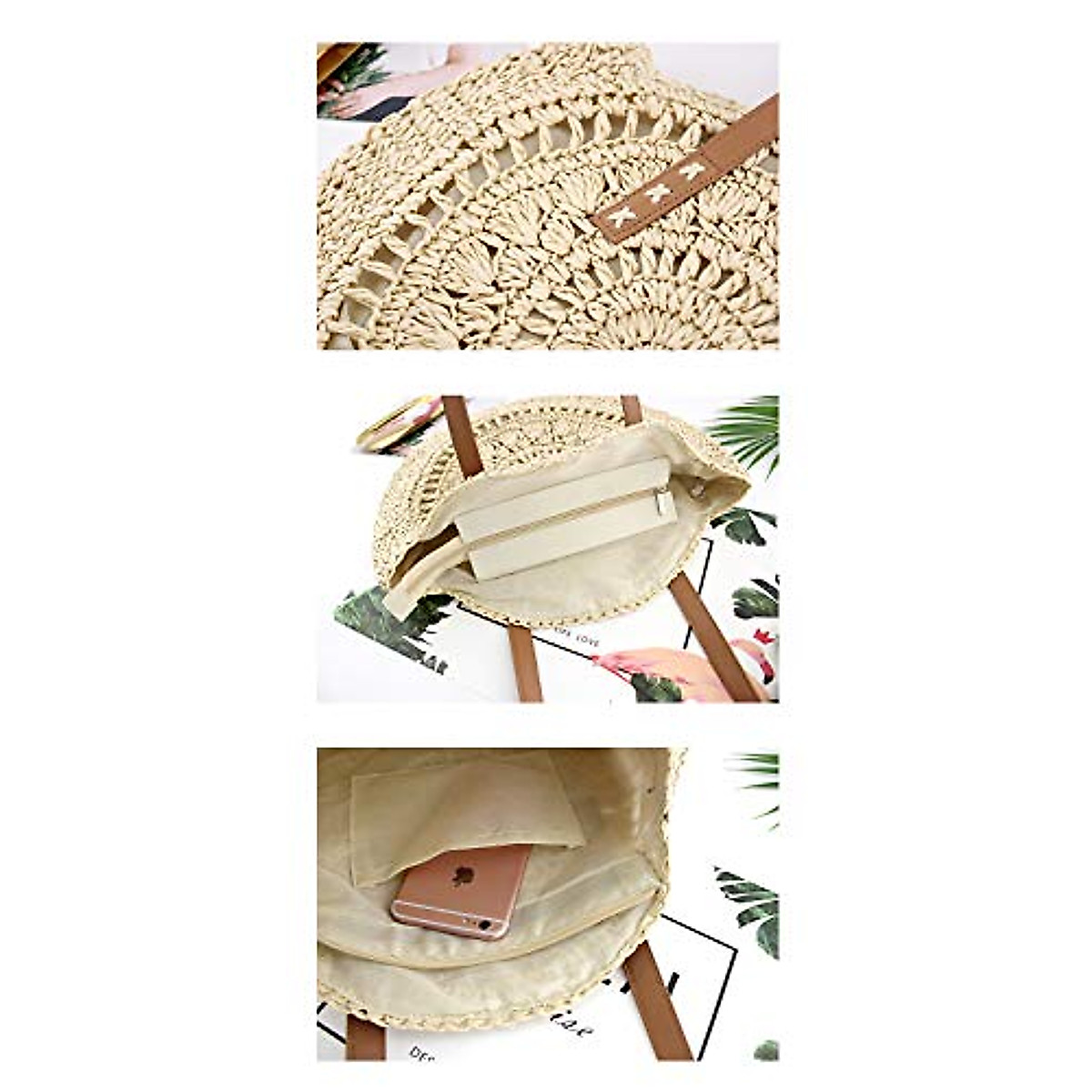 Beach Bag Straw Handbags for Women Natural Chic Large Round Bohemian Shoulder Hand Bag Wallet Purse with Boho Pom Pom Tassel Bag Charm Key Chain (Khaki)