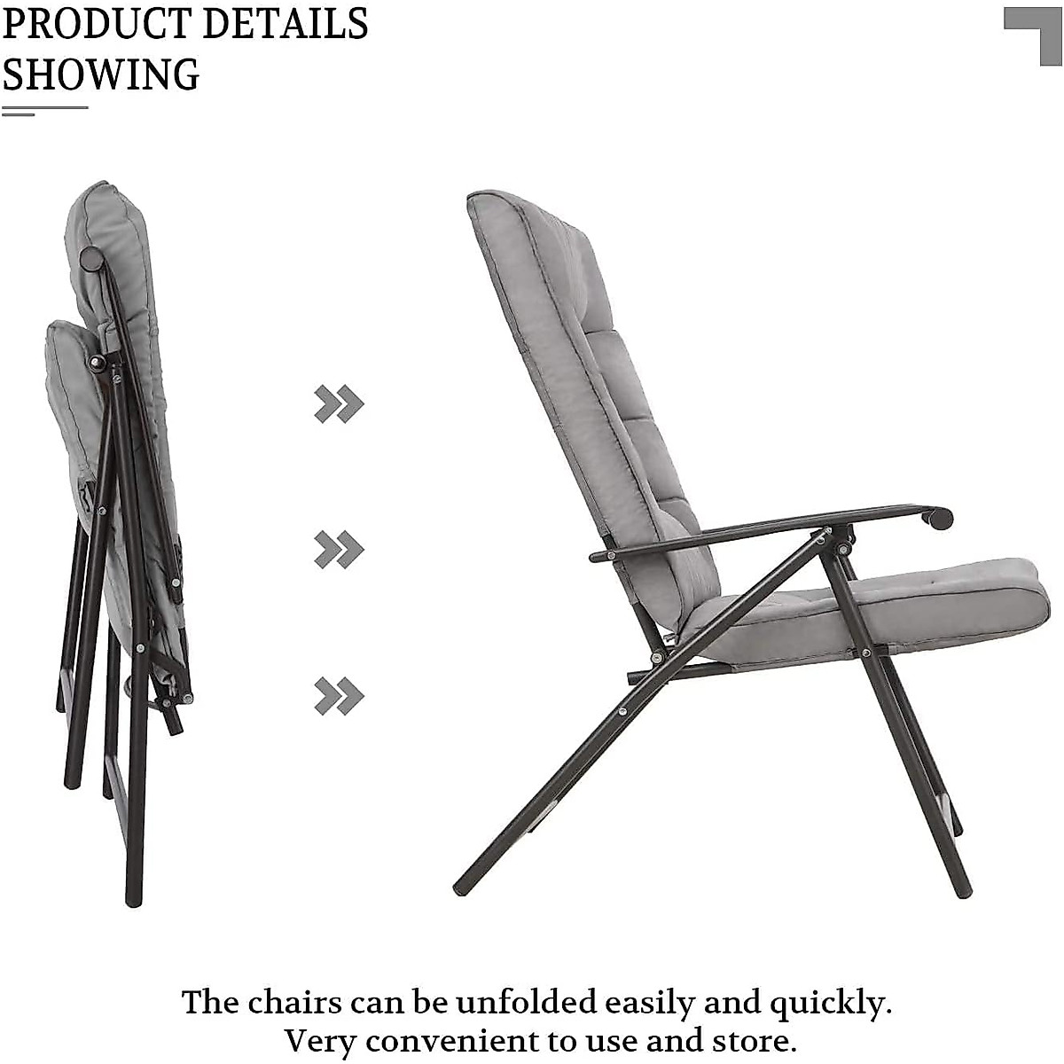 Patiomore 3 Pcs Patio Folding Bistro Set, Outdoor Metal Adjustable Recliner Furniture Set, 2 Foldable Padded Chairs and Coffee Bistro Table Set for Balcony, Backyard, Porch, Grey