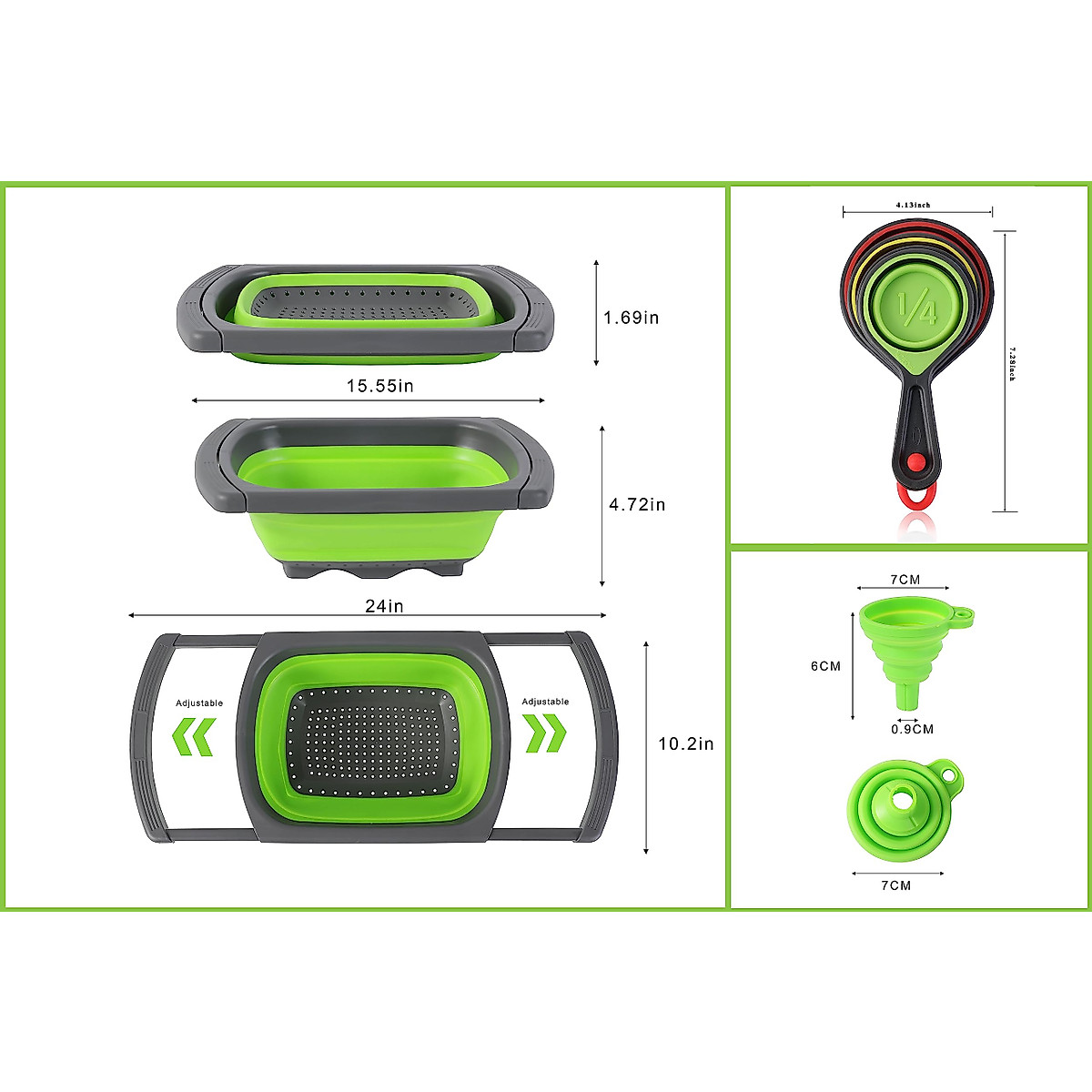Collapsible Colander with Silicone Measuring Cups & Funnels for Filling Bottles, Food Strainers for Kitchen over the Sink with Extendable Handle (Green)