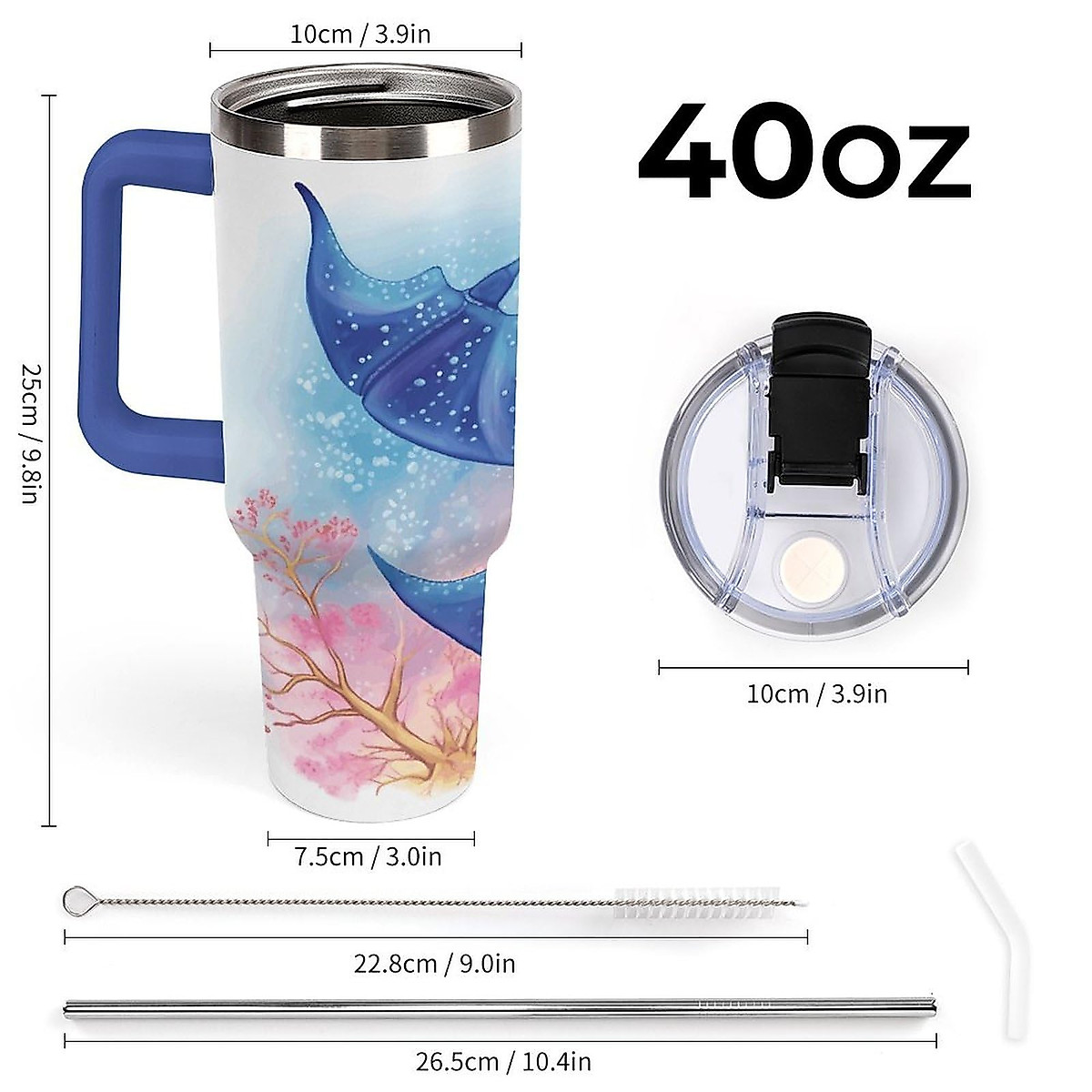 WYUSPGK 40oz Stainless Steel Car Mug, Sea Animals Stingrays Print Travel Mug, Double-Wall Insulated with Straw, Perfect for Car, Office, Outdoor