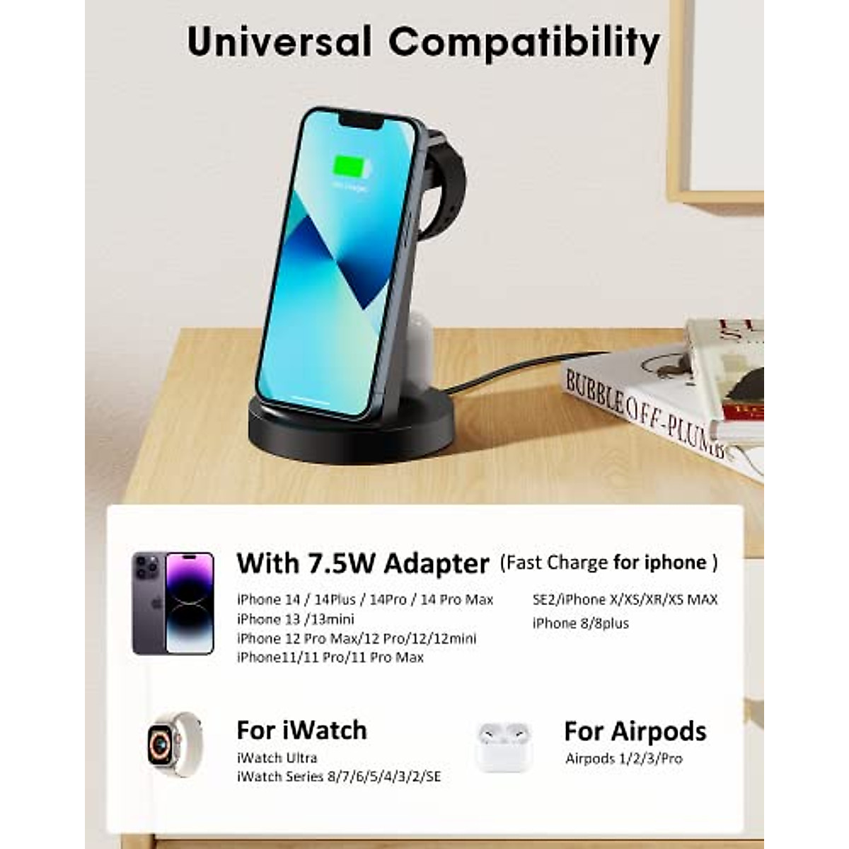 Wireless Charging Station, 3 in 1 Wireless Charger for iPhone 14/13/12/11/Pro/Max/SE/XS/XR/X/8 Plus/8, Fast Wireless Charging Stand Dock for Apple Watch Series & Airpods(with Adapter)
