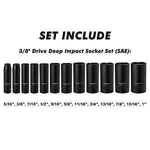 CASOMAN 12 Pieces 3/8-Inch Drive Impact Socket Set, 6-Point, SAE, Deep, CR-V, 5/16" to 1", Heavy Duty Blow Molded Storage Case