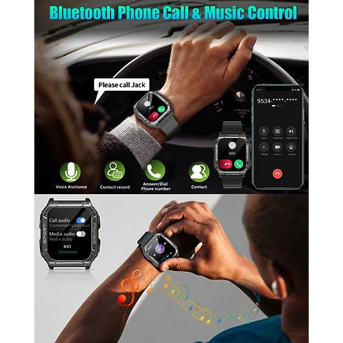 PASONOMI Smart Watch for Men Military Smart Watches for Men Smart Watch Built-in Microphone IP68 Waterproof for Android Phones Sports Outdoor Smartwatch with Heart Rate Monitor (Black)