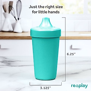 Re-Play Made in USA 10 Oz. Sippy Cups for Toddlers, Set of 3 - Reusable Spill Proof Cups for Kids, Dishwasher/Microwave Safe - Hard Spout Sippy Cups for Toddlers 3.13" x 6.25", Modern Mint