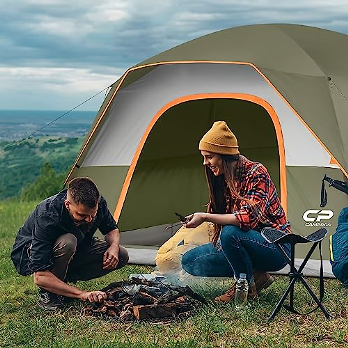 CAMPROS CP Tent 4 Person Camping Tents, Weatherproof Family Dome Tent with Rainfly, Large Mesh Windows, Wider Door, Easy Setup, Portable with Carry Bag - Olive
