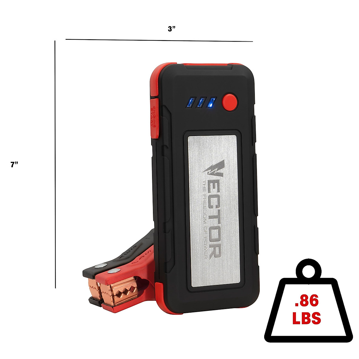 VECTOR SS6LV 1200 Peak Amp Lithium Jump Starter Battery Booster, USB-A(2.1 Amps), USB-C(3.1 Amps), Power in & Out, LED Work Light, & Heavy Duty Powder Coated Clamps