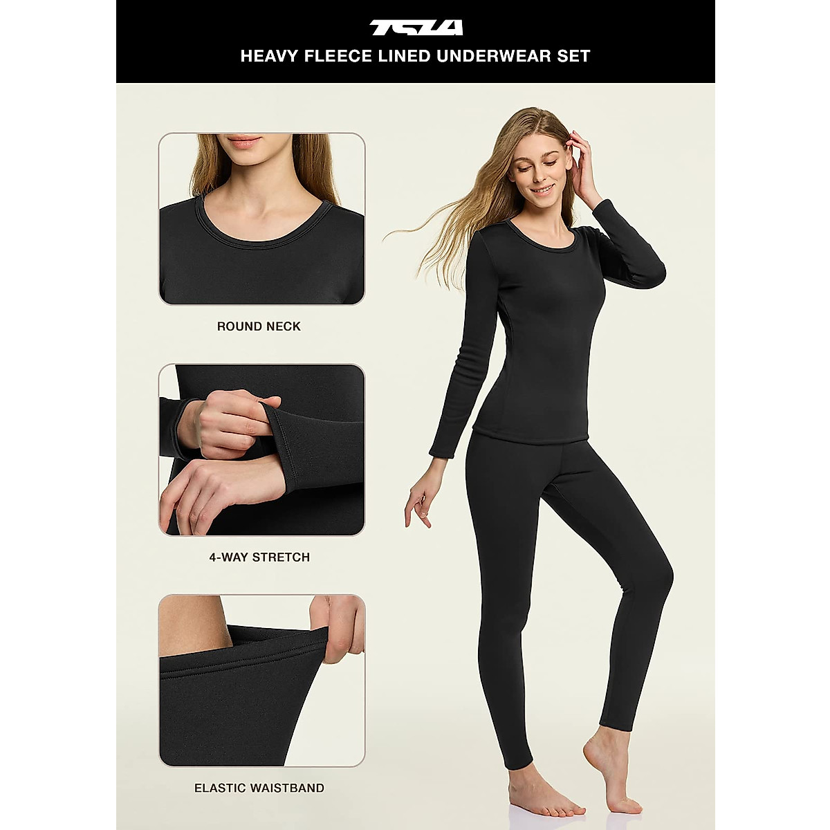 TSLA Women's Thermal Underwear Set, Soft Fleece Lined Long Johns, Winter Warm Base Layer Top & Bottom, Heavyweight Black, Medium