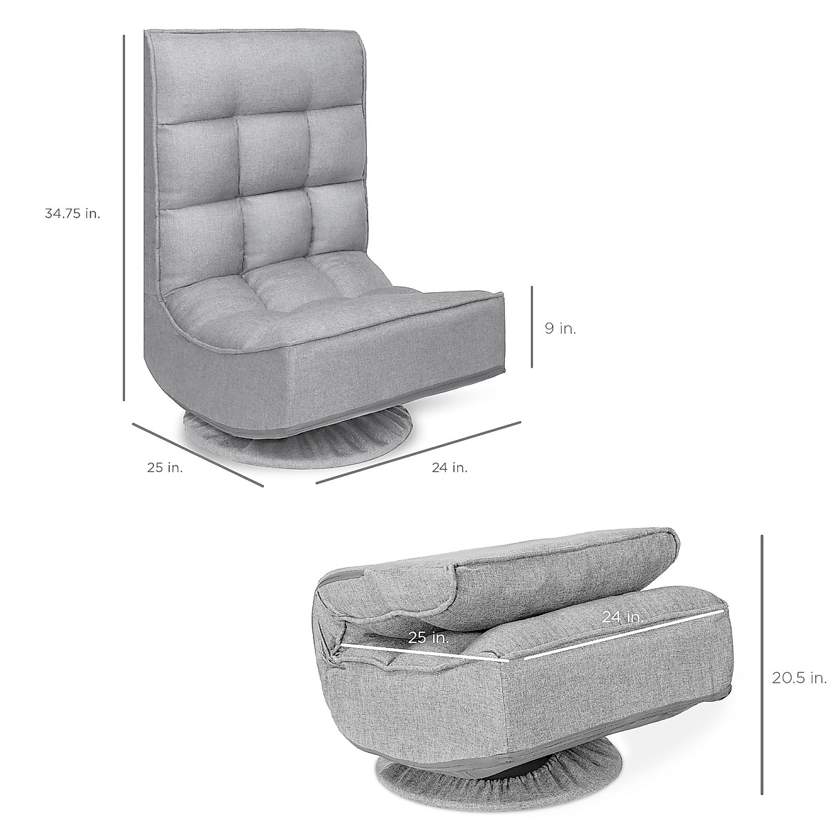 Best Choice Products Reclining Folding Floor Gaming Chair for Home, Office, Lounging, Reading w/ 360-Degree Swivel, 4 Adjustable Positions, Tufted Cushions - Gray