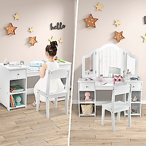 AKUSTIK Kids Vanity, 2 in 1 Wooden Princess Makeup Table and Chair for Toddlers with Tri-Folding Detachable Mirror, Storage Drawers for Little Girls, Pretend Beauty Dressing Desk Play Set Toy Gift
