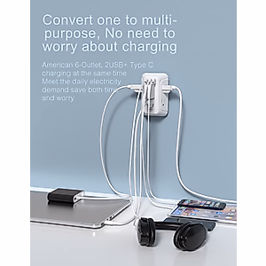Outlet Extender and USB Wall Charger, 6 Outlets, 2 USB Ports and 1 USB-C Port Surge protector. Multi-outlet for Home, Office, Travel