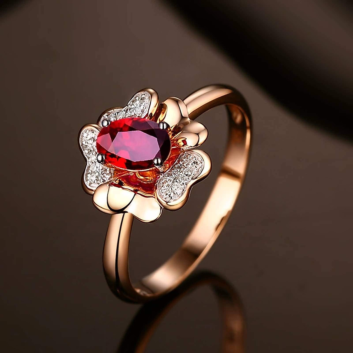 KnBoB Women Flowers Oval Shape 0.6ct Ruby Ring 18K Rose Gold Promise Wedding Engagement Bridal Anniversary Ring Size 7