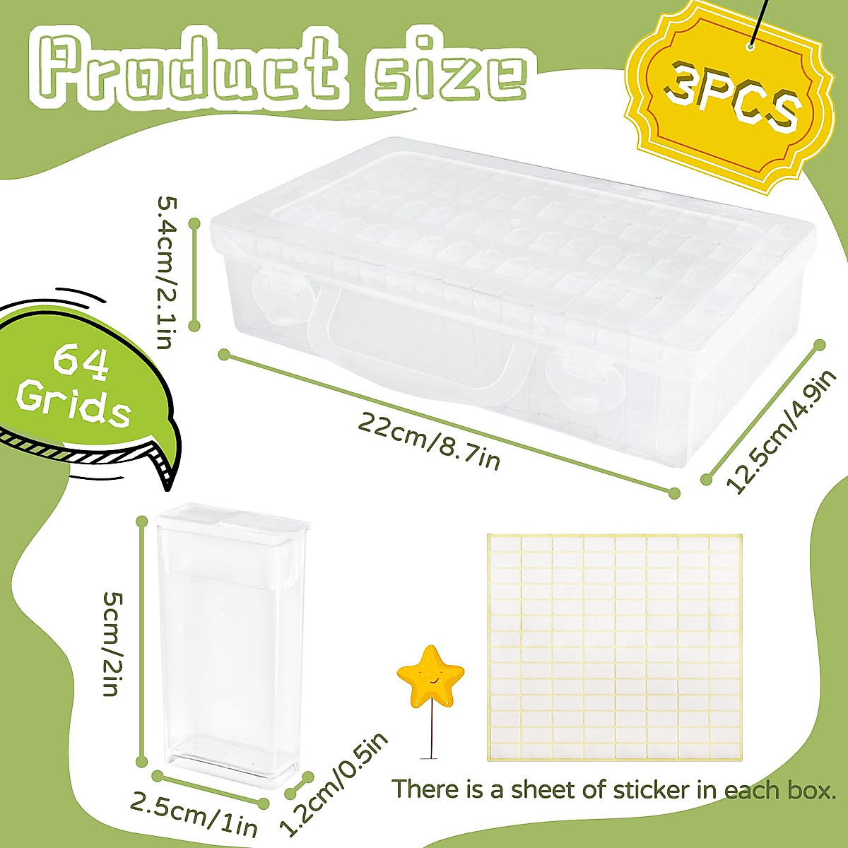 ANQEEL 3 PCS 64 Grids Diamond Painting Storage Containers,Craft Storage Tool Box with Label Stickers,Portable Storage Organizer for Jewelry,Art DIY,Crafts,Beads, Clear