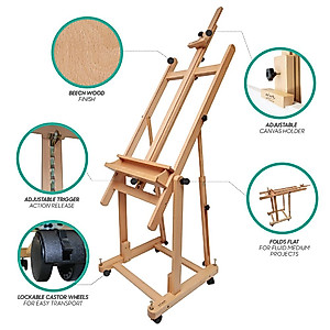 Mont Marte Tilting Studio Wooden Floor Easel. Height Adjustable Extra Large H-Frame Featuring a Large Tilt Range. Castor Wheels Allow Easy Movement and Can Be Locked into Place.