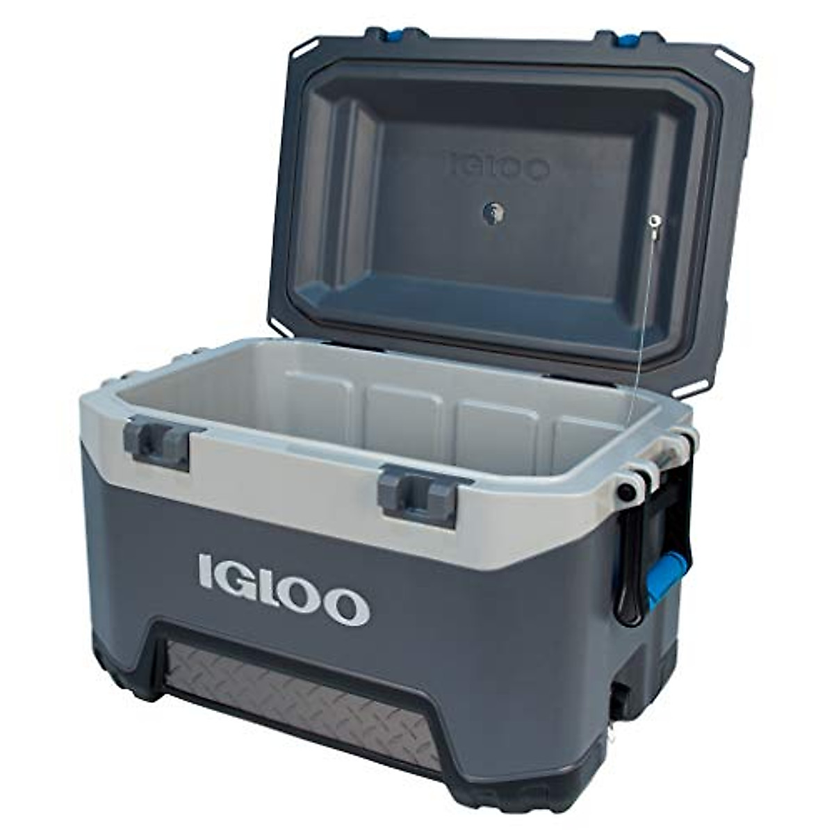 Igloo BMX 52 Quart Cooler with Cool Riser Technology, Fish Ruler, and Tie-Down Points - 16.34 Pounds - Carbonite Gray and Blue