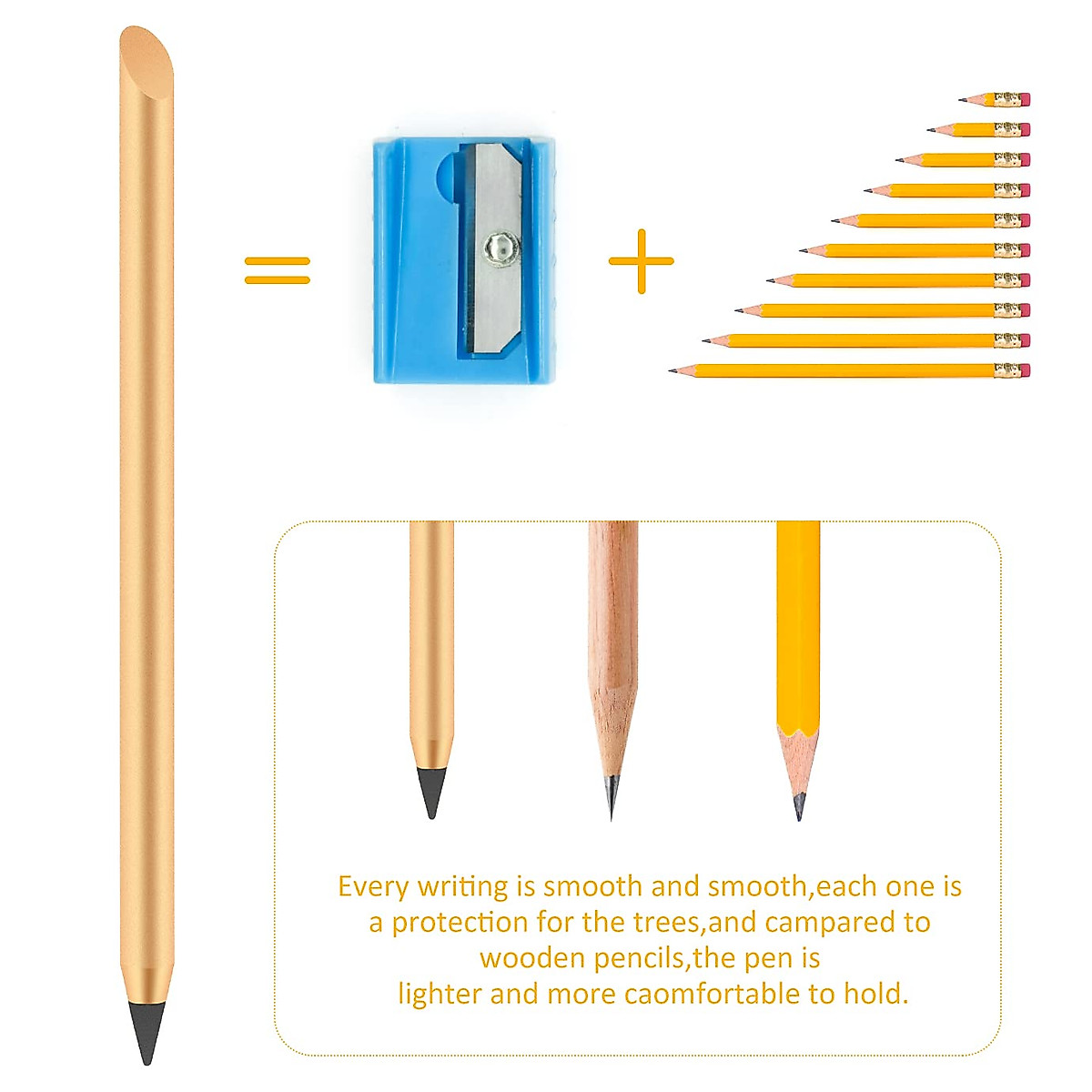 WXJ13 3 Pieces Metal Inkless Pen Metal Infinite Pencil Metallic Pencil Infinity Pencil with 3 Replaceable Nib Erasable Pencil for, Drawing, Writing, Drafting