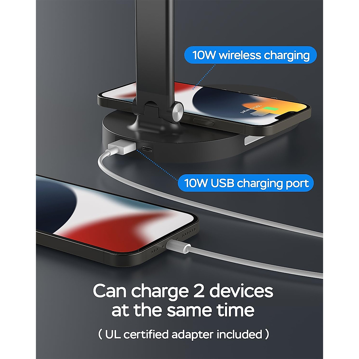 XREY LED Desk Lamp with Wireless Charger, USB Charging Port, Desk Lamp Touch Control Dimmable with 5 Color Modes & 5 Brightness, Eye Caring Desk Lamp, 2 Night Lights (Black)