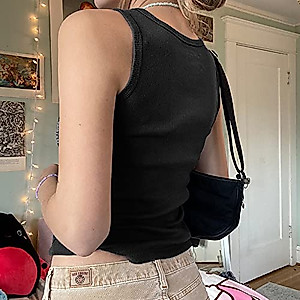 Meladyan Women Heart Rhinestone Graphic Print Sleeveless Crop Tank Ribbed Fairy Grunge 90s E-Girl Goth Vest Shirt Top Small