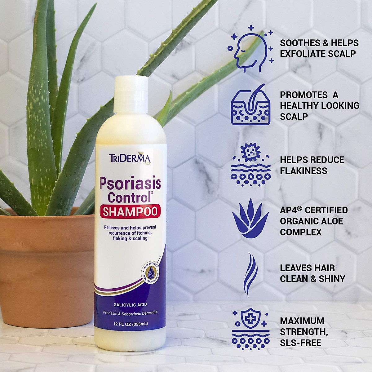 TriDerma Psoriasis Control Scalp Exfoliator Shampoo with 3% Salicylic Acid and Rosemary, Salon Quality Shampoo for Psoriasis, Seborrheic Dermatitis, No Coal Tar, Fresh Scent 12 oz