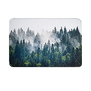 Welcome Doormat Nature Foggy Forest Green Misty Trees,Rubber Backing Kitchen Carpet Mountain Landscape Art,Durable Washable Entry Rugs for Bedroom Dining Room Front Door Decor 16x24In