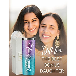 Onebttl Bonus Daughter Gifts, Gifts for Bonus Daughter on Birthday, Christmas or Thanksgiving, 20oz Stainless Steel Travel Mug with Lid and Straw - Best Bonus Daughter Ever Purple Blue