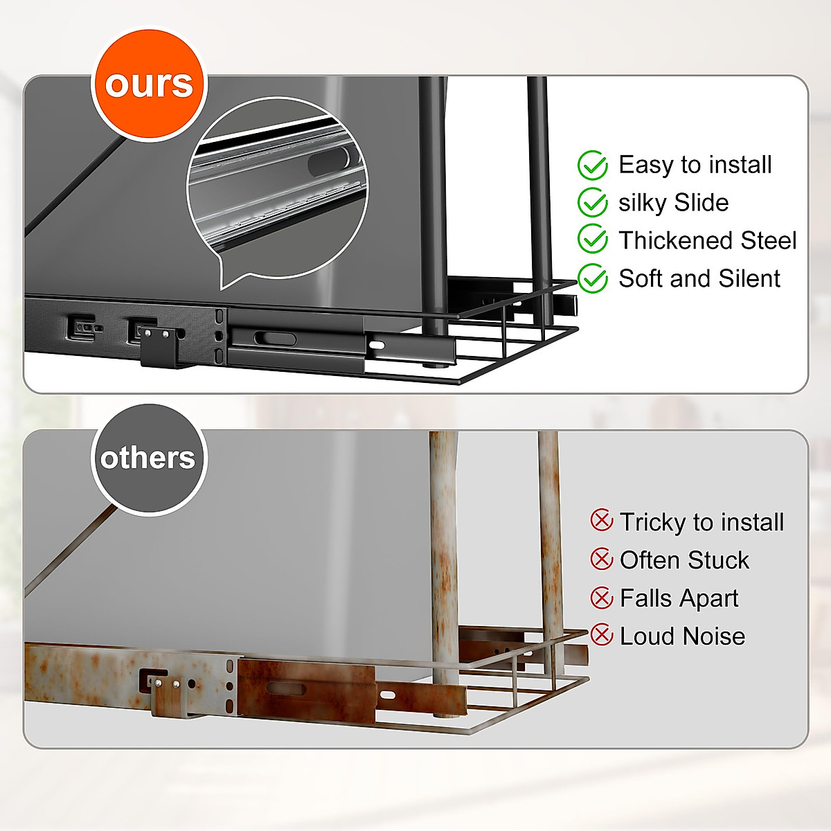 Feidyns Pull Out Trash Can Under Cabinet, Under Sink Garbage Can Pull Out Slider for Kitchen Cabinet Garbage Can, Under Sink Trash Can for 10 Gallon Trash Can, Trash Can Not Included (Black Ink)