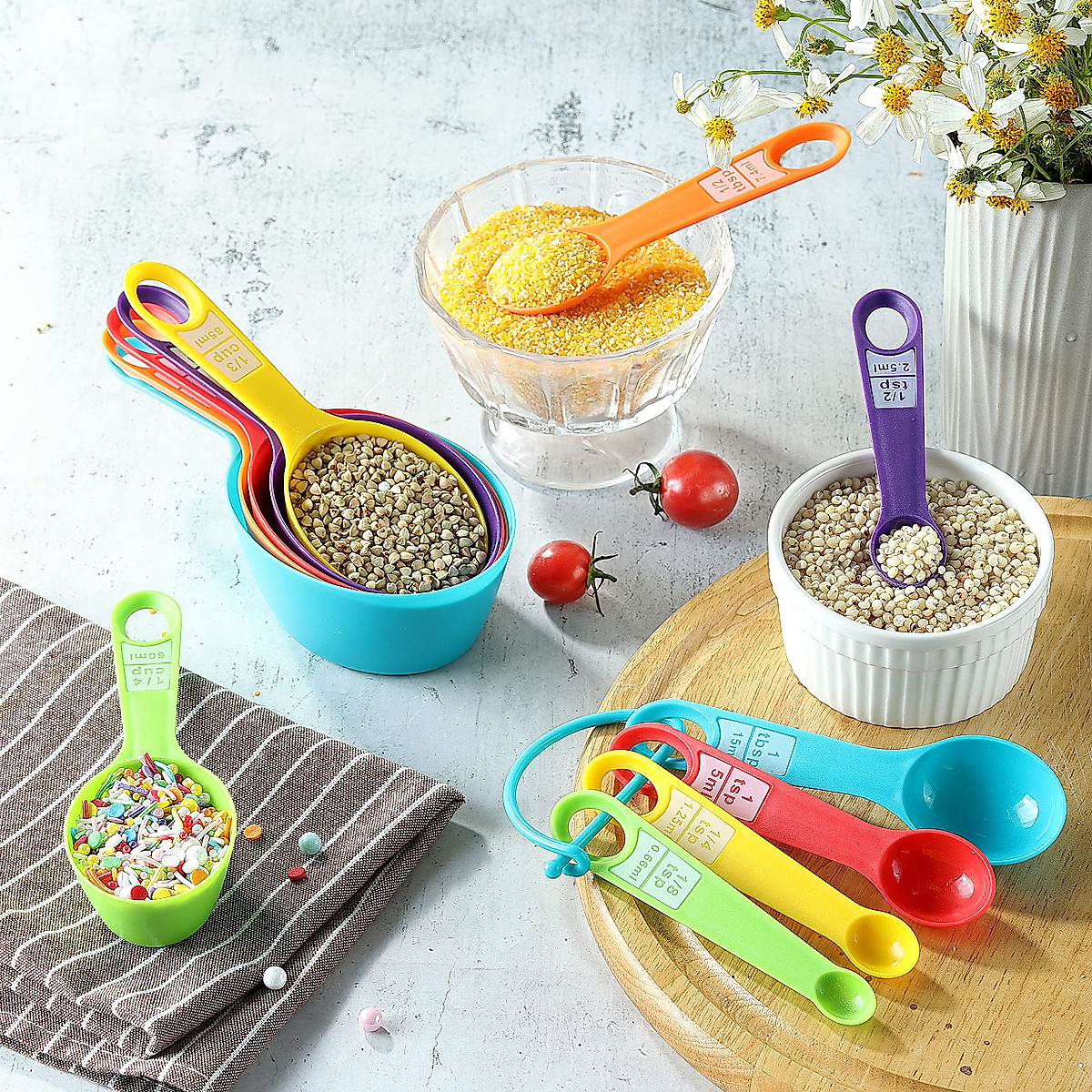 12PCS Measuring Cups, Little Cook Colorful Measuring Cups and Spoons Set, Stackable Measuring Spoons, Nesting Plastic Measuring Cup, kitchen Measuring Set for Baking & Cooking (6+6, Multi Colors)