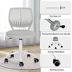 FurnitureR Desk Chair Armless, Study Computer Chair Adjustable Swivel for Student Children Kids, Comfy Cute Home Office Chair Fabric Seating Cushion and Plastic Low-Back with Rolling Wheels, Grey