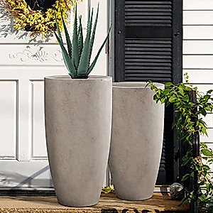 Kante 31.4" and 23.6" H Weathered Concrete Finish Concrete Tall Planters Large Outdoor Indoor Decorative Plant Pots with Drainage Hole and Rubber Plug, Modern Tapered Style for Home and Garden