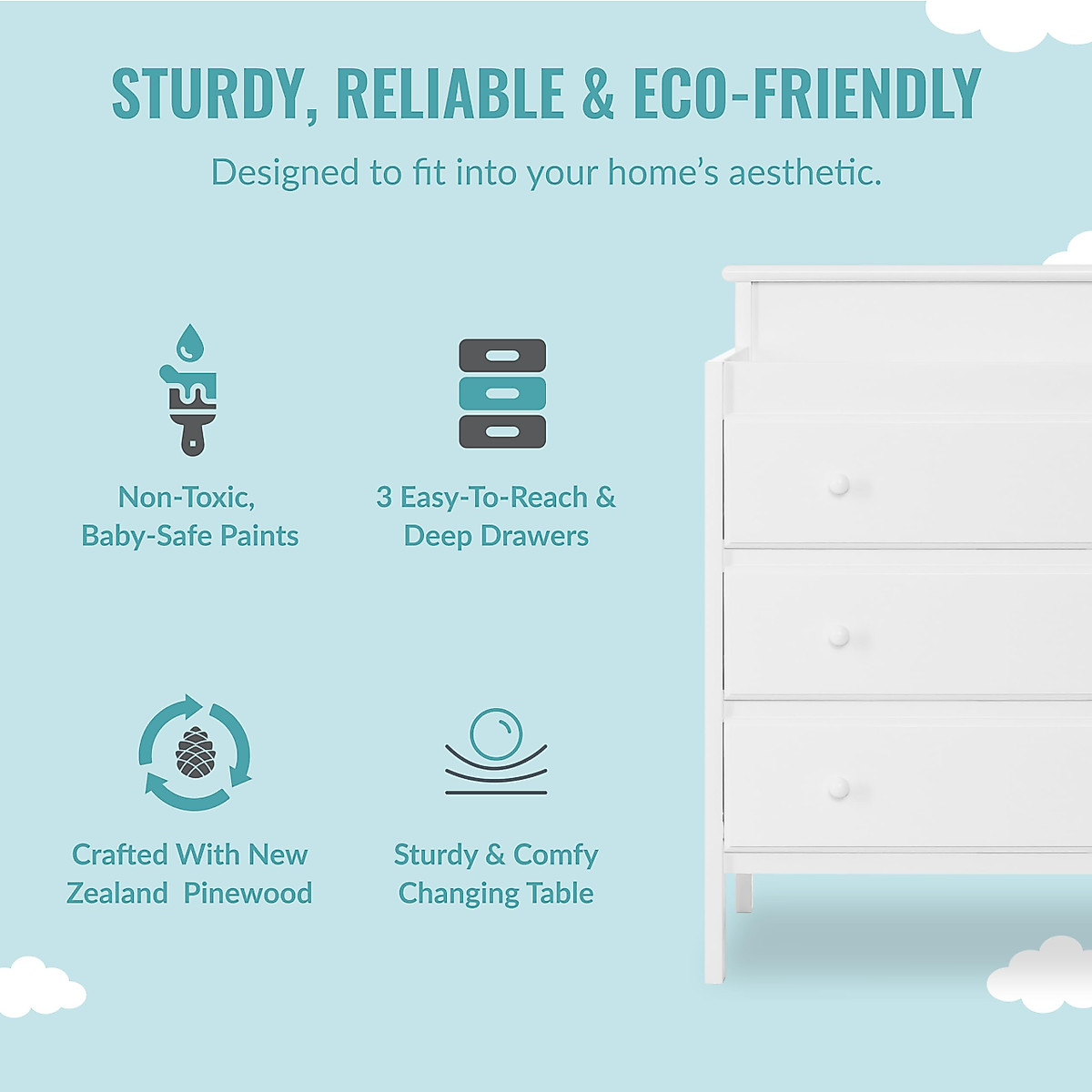 Dream On Me Mason Modern Changing Table with Free Changing Pad in White, Three Spacious Drawers, Made of New Zealand Pinewood, Includes 1" Mattress Pad and Anti-Tipping Kit