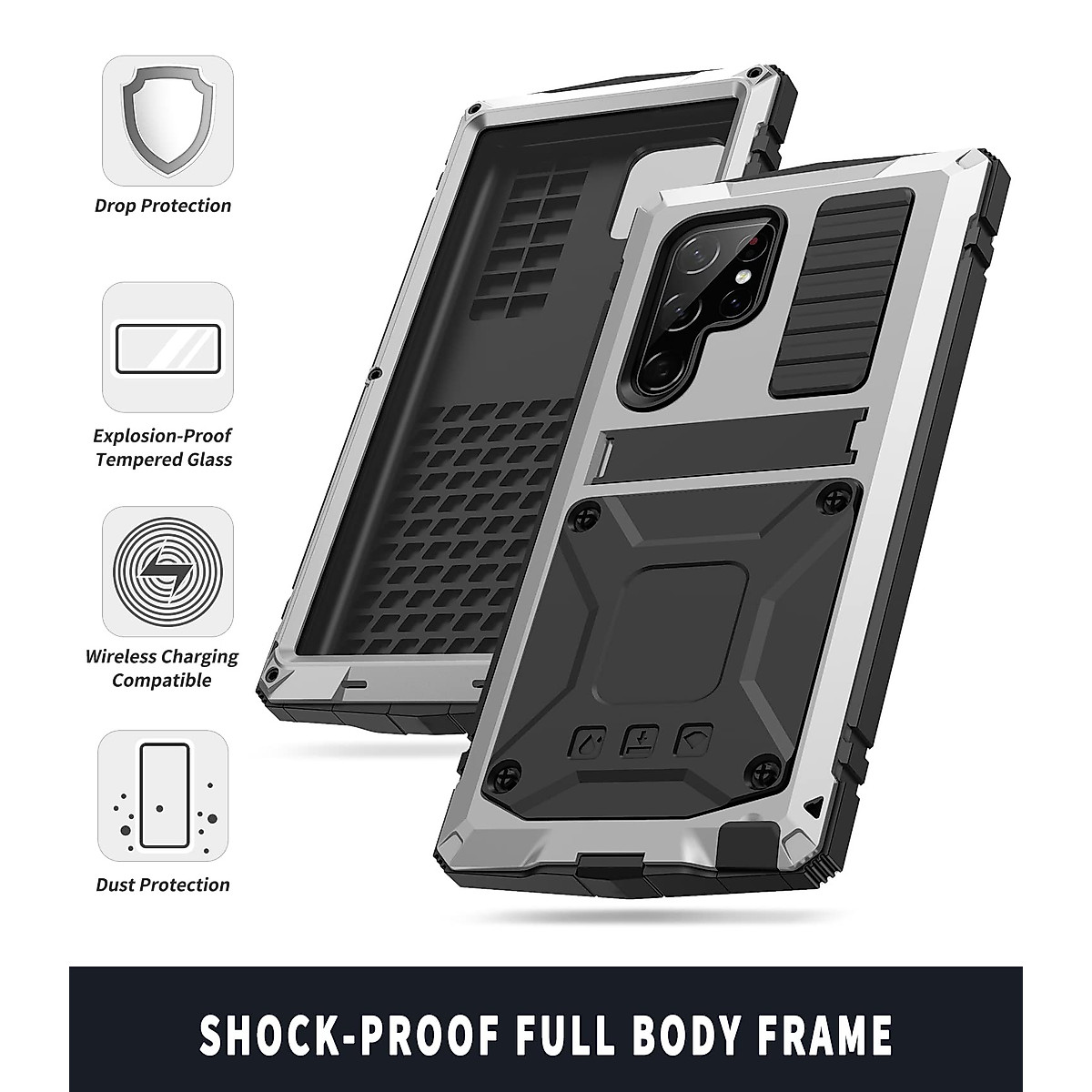 Simicoo Samsung S23 Ultra Metal Case with Screen Protector Camera Cover Military Rugged Heavy Duty S23 Ultra Case Metal Kickstand Full Body Tough Dustproof Shockproof for Samsung S23 Ultra (Sliver)