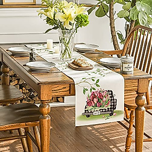 Artoid Mode Tulip Buffalo Plaid Truck Spring Table Runner, Summer Seasonal Anniversary Holiday Kitchen Dining Table Decoration for Indoor Outdoor Home Party Decor 13 x 72 Inch