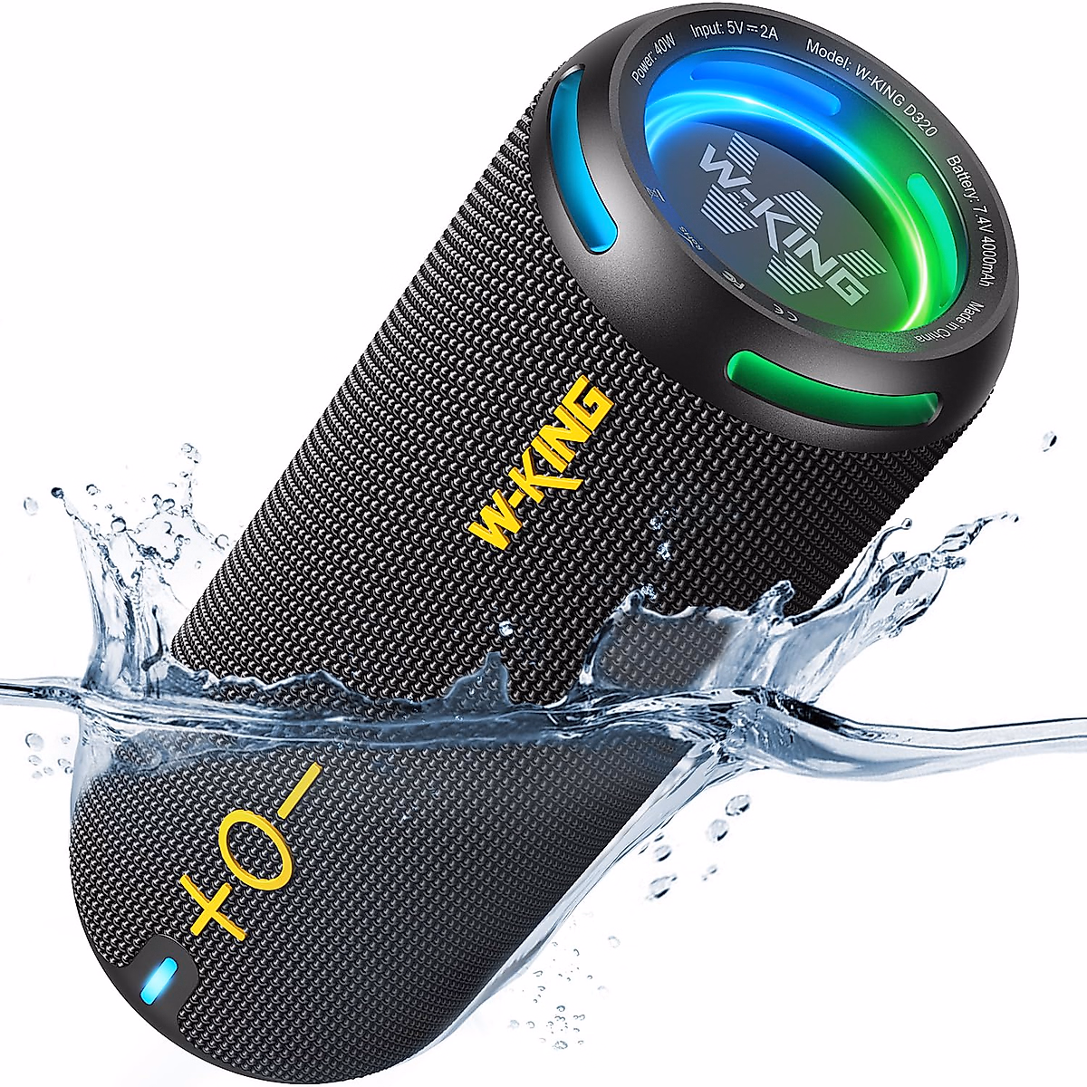 W-KING Bluetooth Speakers - IP67 Waterproof Outdoor Portable Wireless Speaker, Customized EQ APP/Deep Bass, 40W HD 360° Stereo Surround Sound with Lights/V5.3/DSP/TF/AUX, Dustproof for Shower, Camping
