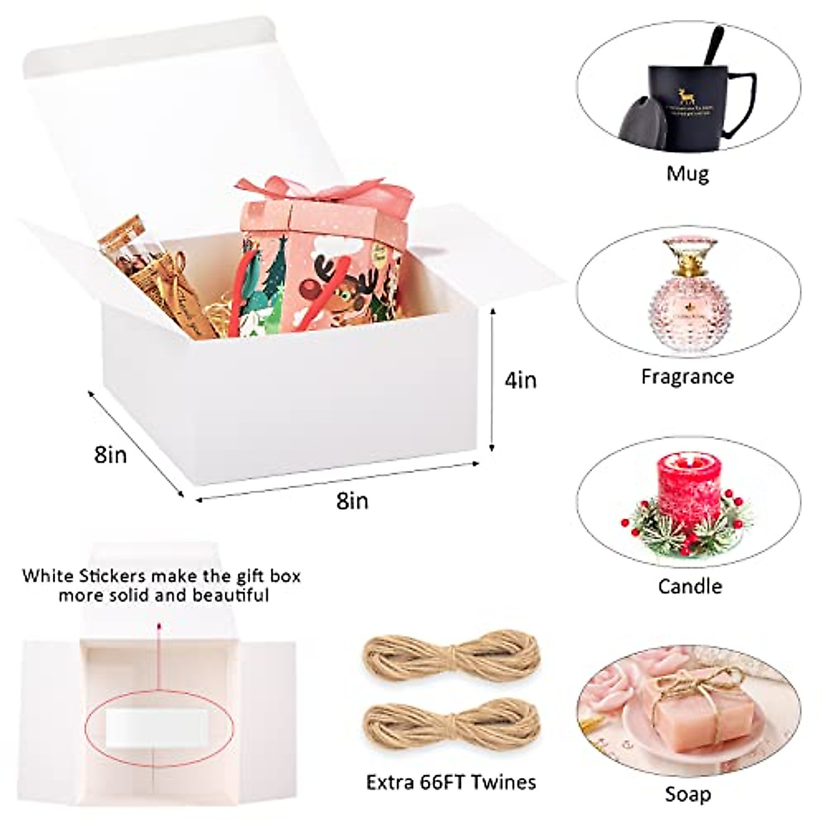 HLWDFLZ White Gift Boxes 12 Pack 8x8x4 Inches Paper Box, Gift Boxes with Lids, Wedding Present Box, Bridesmaid Proposal Box, Birthday Party Favor Box, Christmas Box with 66ft Twine and 12 clear stickers