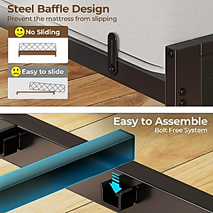 Rolanstar Bed Frame Queen Size with Charging Station and LED Lights, PU Leather Headboard with Storage Shelves, Heavy Duty Metal Slats, No Box Spring Need, Noise Free, Easy Assembly, Black