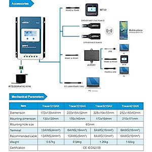 EPEVER MPPT Solar Charge Controller 30A 12V 24V Auto Tracer3210AN + Remote Meter MT50 + RTS Common Negative Ground Solar Panel Regulator for Lead-Acid Lithium Battery (30A + MT50+RTS)
