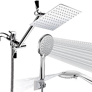 Shower Head, 8'' High Pressure Rainfall Shower Head / Handheld Showerhead Combo with 11'' Extension Arm, CUMIZON 6 Spray Settings Handheld Showerhead with Holder/ Hose, Flow Regulator, Chrome