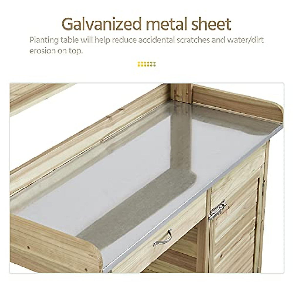 Yaheetech Outdoor Potting Bench Table, Garden Work Bench w/Metal Tabletop Work Station w/Cabinet Drawer, Open Top&Lower Shelf, Handy Hooks, ACQ Lumber Wood, Light Green