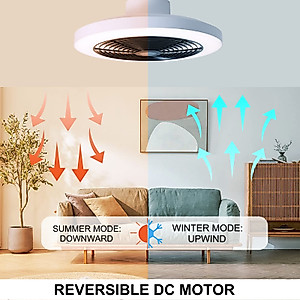 Rough sailor 19.7" Modern Ceiling Fan, Dimmable Low Profile Ceiling Fan, Stepless Colour Temperature Change and 6-Speed Bladeless Ceiling Fan, Black LED Ceiling Fan Lights