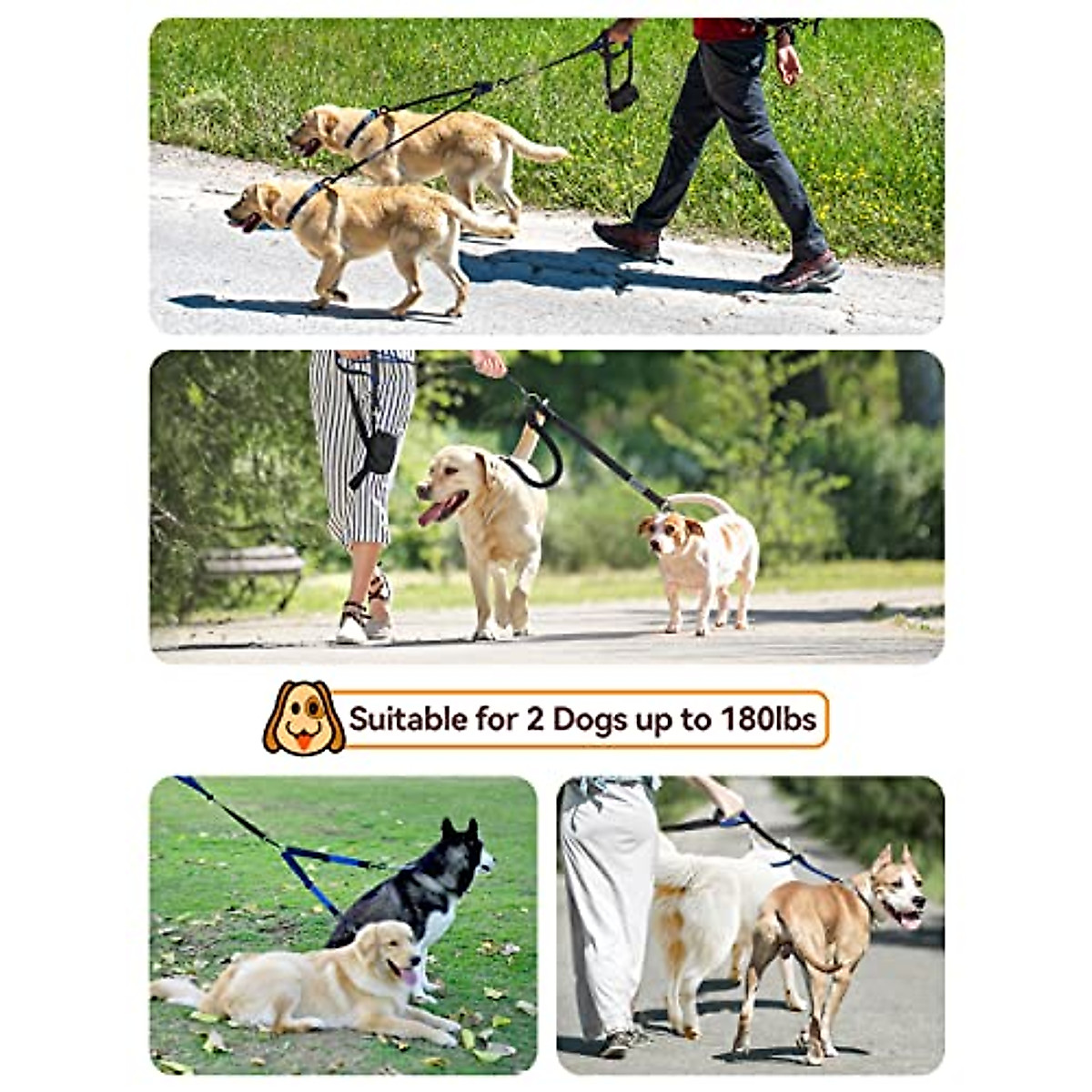 YOUTHINK Double Dog Leash, Dog Walking Leash 2 Dogs up to 180lbs, Comfortable Adjustable Dual Padded Handles, Bonus Pet Waste Bag (Double Dog Leash)