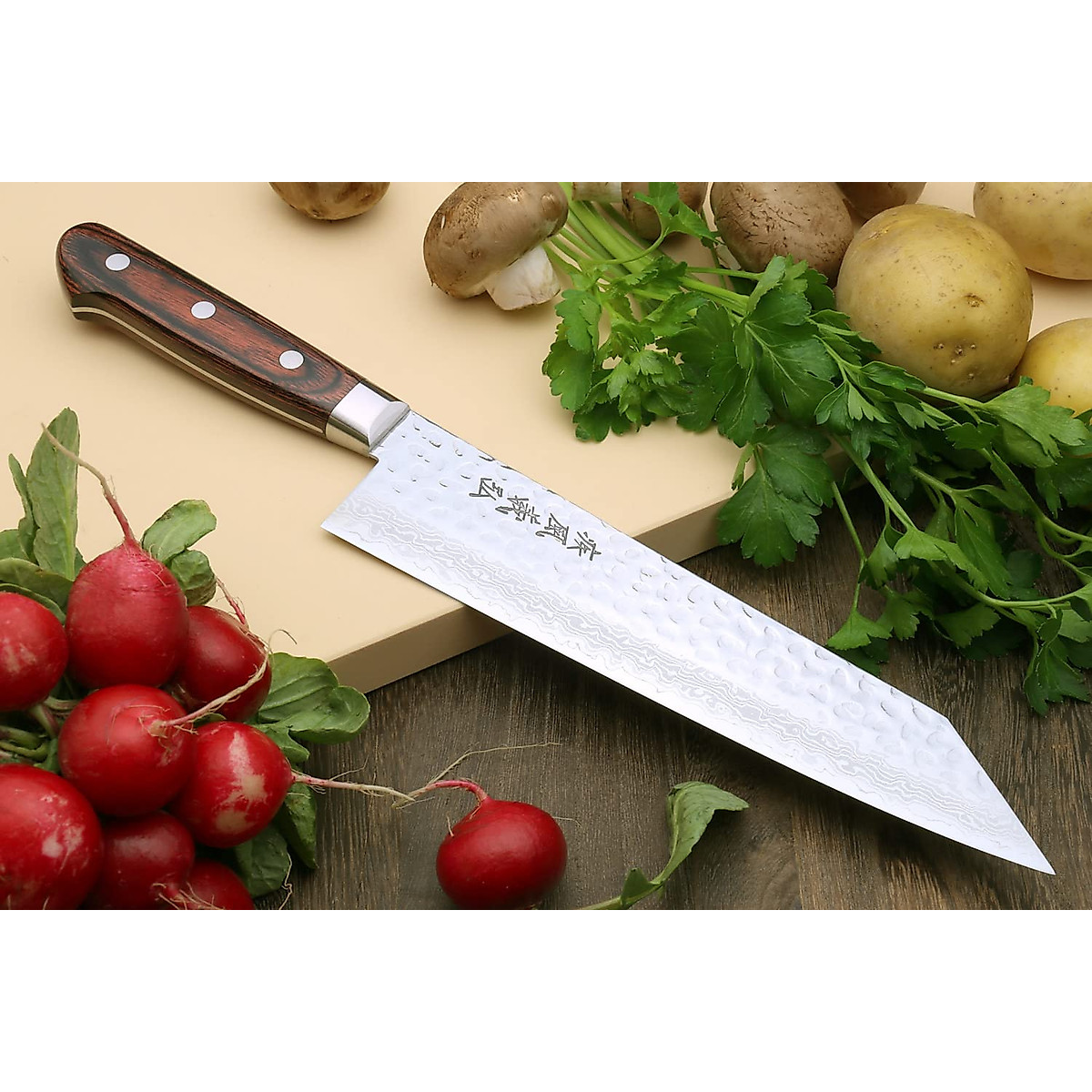 Yoshihiro VG-10 Hammered Damascus Kiritsuke Sword Tip Multipurpose Japanese Chef Knife 8.25 inch - Western Style Mahogany Handle