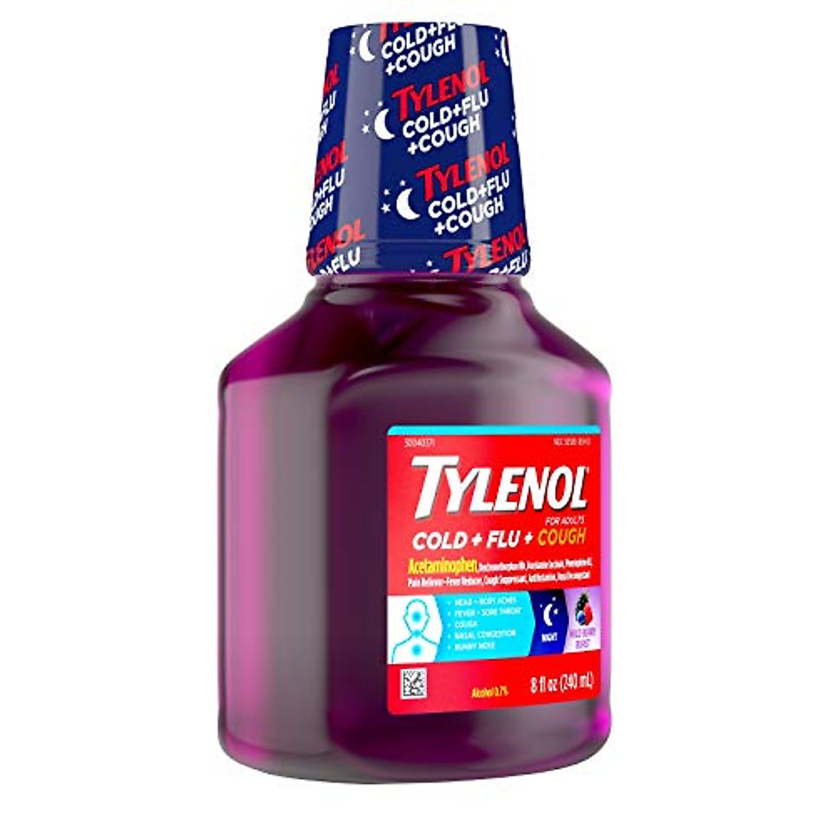 Tylenol Cold + Flu + Cough Night Liquid Medicine with Acetaminophen, Wild Berry, Grabe, 8 Fl Oz