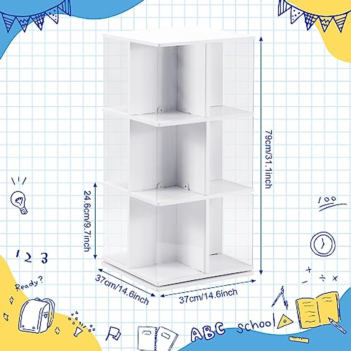 Wesiti 360 Degree 31.1 in Tall Rotating Bookshelf 3 Tier Floor Standing Bookcase with Acrylic Windows Spinning Plywood Storage Book Tower Revolving Bookcase for Kids Classroom Playroom Bedroom, White