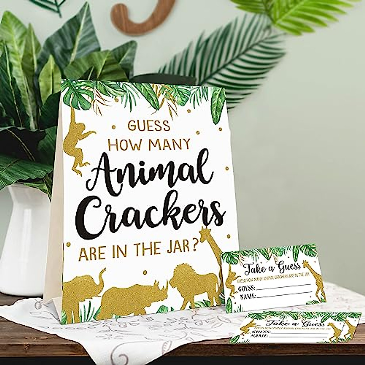 Gold Safari Baby Shower Decorations Supplies Guess How Many Animal Crackers Game with Standing Sign 30 Cards