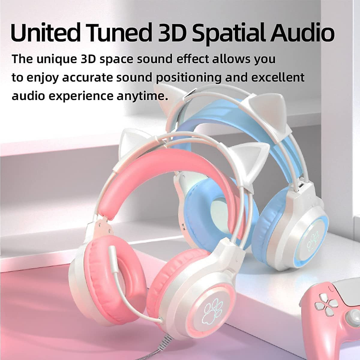 Gaming Headset with Removable Cat Ears, 3.5mm Wired Headphones with Adjustable Microphone, Extendable Padded headband, Noise Cancelling and RGB Light Headphones for Xbox/PS4/Switch/Mac/Phone (Green)