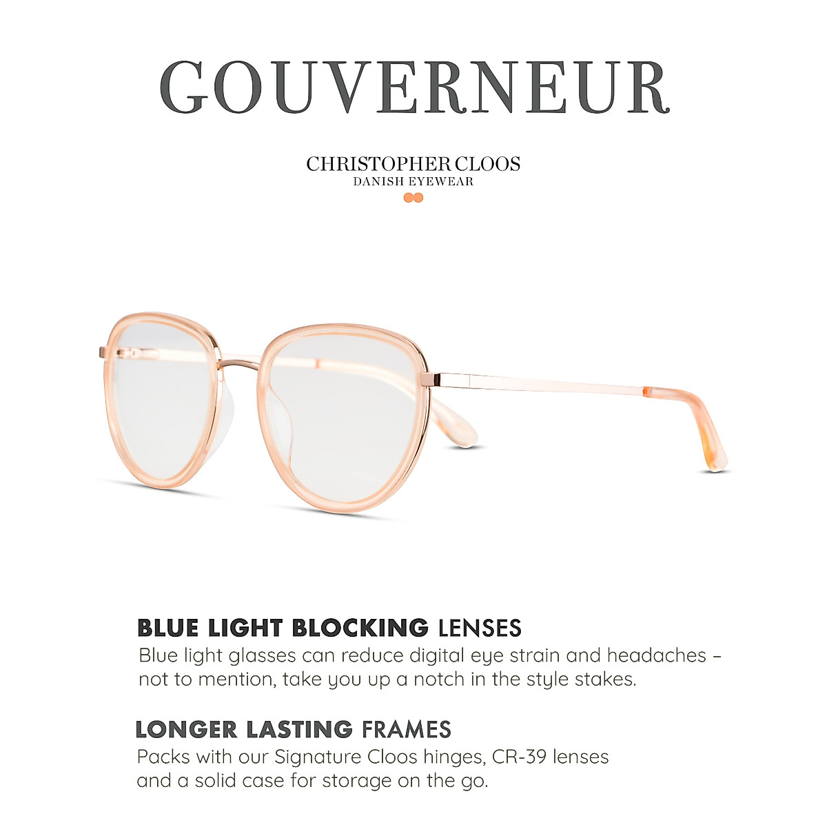 Christopher Cloos - Gouverneur - Champagne - Danish Design Blue Light Glasses for Men & Women - Fashion designer glasses - Computer Glasses - Unisex - Non Prescription - Prescription Ready