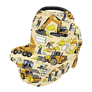 YYZZH Construction Car Building People Pattern Stretchy Baby Car Seat Cover Infant Canopy Nursing Covers Breastfeeding Cover Breathable Windproof Winter Scarf for Boys Girls